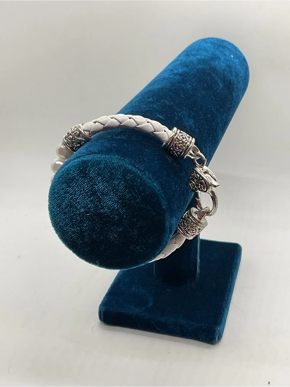 Jewelry | White Braided Leather And Faux Pearl Bracelet With Silver ...